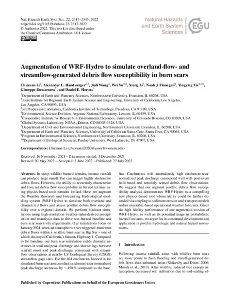 Pdf Augmentation Of Wrf Hydro To Simulate Overland Flow And Streamflow Generated Debris Flow