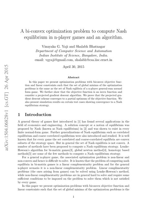 Pdf A Bi Convex Optimization Problem To Compute Nash Equilibrium In N
