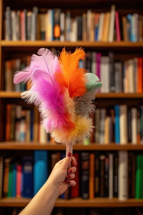 A Hand Holding A Feather Duster As It Glides Over A Bookshelf Filled