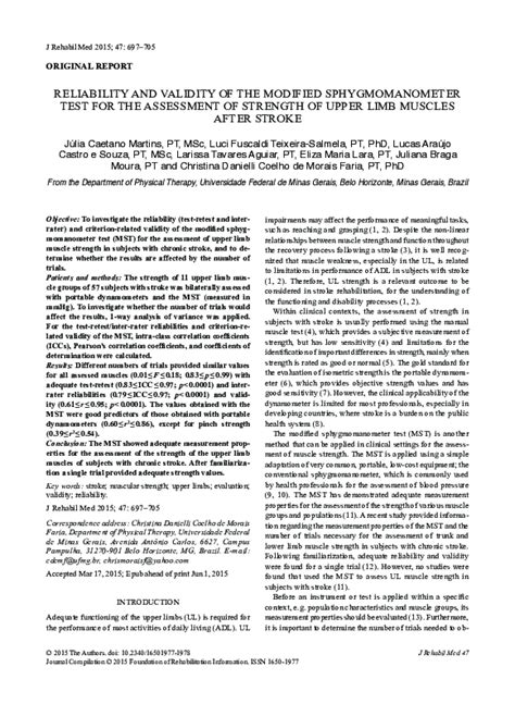 Pdf Reliability And Validity Of The Modified Sphygmomanometer Test