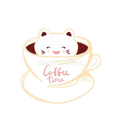 Coffee Time Cute Kawai Cat In Cup Of Froth Art Coffee Isolated On