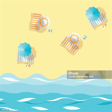 비치 파라솔 스트라이프 수건 및 모래와 바다 물에 공을 보기 가기 태양 우산과 수건 바다 해변에서 벡터 일러스트 레이 션 여름 휴가 개념 0명에 대한 스톡 벡터 아트 및