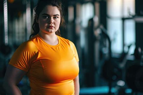 Zeer Dikke Jonge Vrouw Met Een Verdrietig Gezicht Staat In Het Fitnesscentrum Naast Dumbbells En