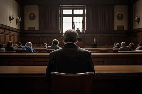 Rear View Of A Man Sitting In A Courtroom Or Law Enforcement Office A