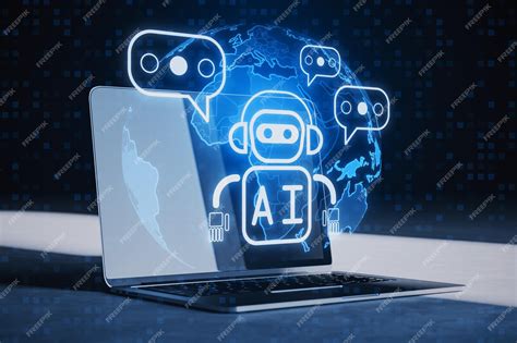 Premium Photo Close Up Of Laptop On Desk With Creative Glowing Robot And Globe Ai Hologram On