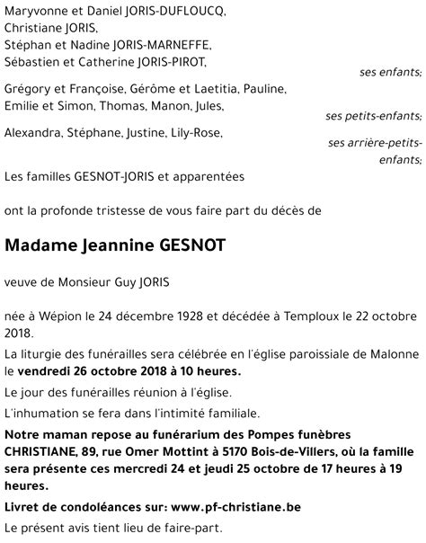 Avis De Décès De Jeannine Gesnot Décédé Le 22102018 à Temploux