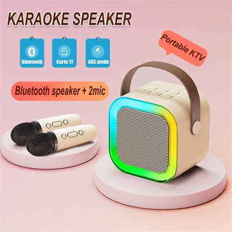 Jual Mini Bluetooth Speaker Karaoke Cahaya Warna Microphone Wireless Ktv Rumah Dua Mikrofon