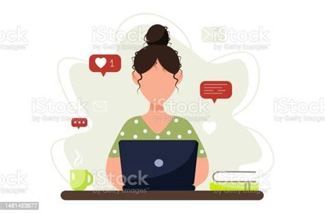 노트북과 함께 앉아있는 여자 프리랜서 온라인 공부 가정 개념에서 작업 개념에 대한 스톡 벡터 아트 및 기타 이미지 개념