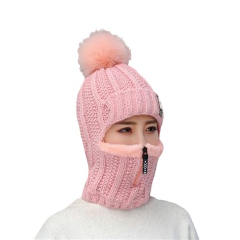 겨울 니트 모자 스카프 야외 귀 보호 따뜻한 두꺼운 양모 Beanies 지퍼와 모자 계속 얼굴 따뜻하게 Balaclava Pom