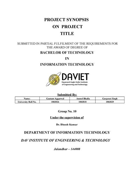 Project Synopsis Format PROJECT SYNOPSIS ON PROJECT TITLE SUBMITTED IN PARTIAL FULFILMENT OF