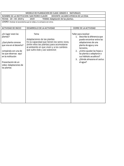 Modelo De Planeacion De Clase Para Zully Pdf Plantas Hoja