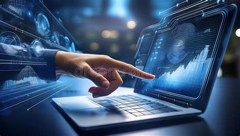 A Finger Touches A Laptop Trackpad Data Visualizations Float Above The