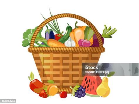 바구니에 과일 건강한 천연 친환경 제품 야채 및 과일 음식 건강 과일 유기농 제품과 바구니의 벡터 만화 템플릿 가방에 대한 스톡 벡터 아트 및 기타 이미지 Istock
