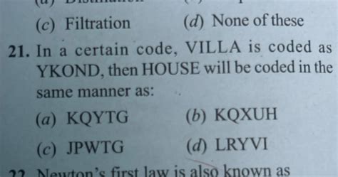 C Filtration D None Of These In A Certain Code Villa Is Coded As Yko