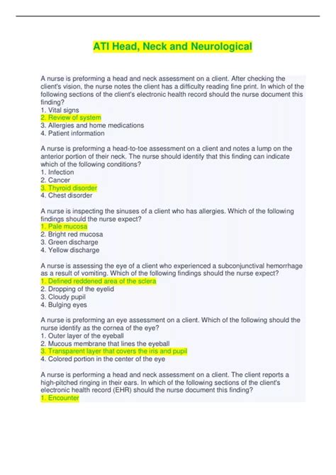 Ati Head Neck And Neurological Questions And Answers Ati Head Neck And Neurological