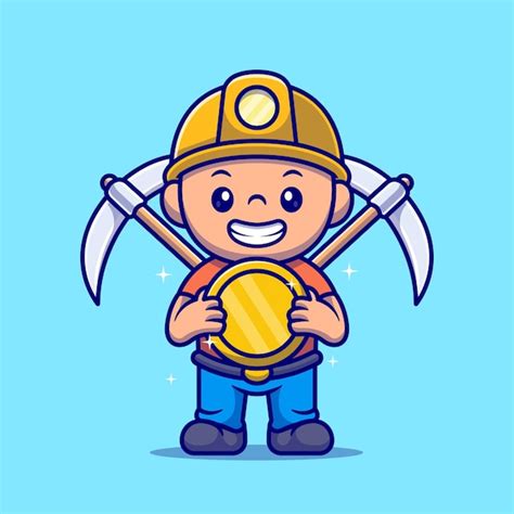 Premium Vector Cute Man Mining Gold Coin With Pickaxe Cartoon Vector
