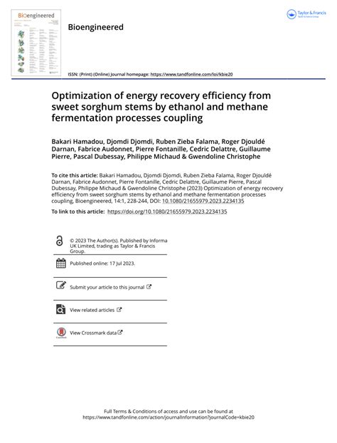 Pdf Optimization Of Energy Recovery Efficiency From Sweet Sorghum