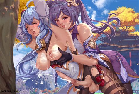 rule 34 1futa 1girls architecture arms up black gloves blue hair breast grab breasts censored
