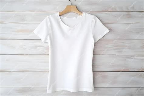 Premium Ai Image White Women Tshirt Mockup On A Hanger Wooden
