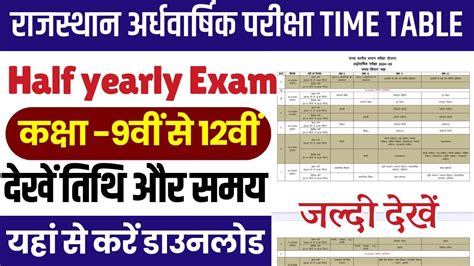 Rajasthan Half Yearly Time Table राजस्थान में 9वीं से 12वीं तक की