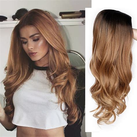Synthetic Long Wavy Dark Root Ombre Brow Wig China Ombre Brown Wavy