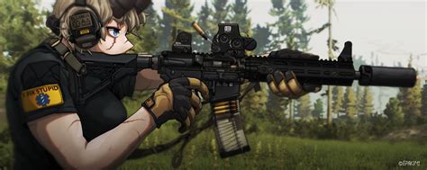 Epakim Original Absurdres Highres 1girl Assault Rifle Blue Eyes Forest Gloves Gun