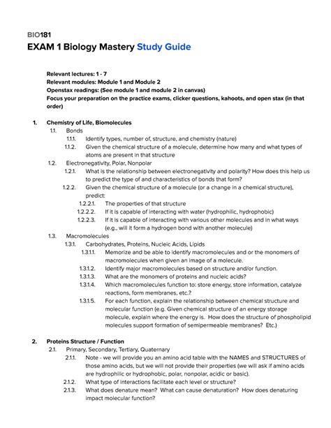 BIO 181 Exam 1 Study Guide BIO 181 EXAM 1 Biology MasteryStudy Guide