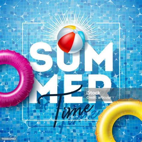 타일 풀 배경에서 물에 플 로트와 비치 볼과 여름 시간 그림 배너 전단지 초대장 브로셔 포스터 또는 인사말 카드에 대 한 벡터 여름 휴가 디자인 서식 파일입니다 갈매기에