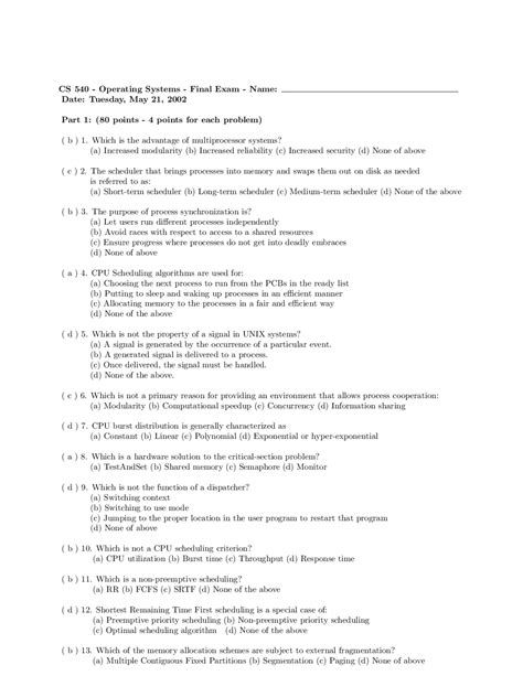 Final Exam Questions Operating Systems Cs 540 Exams Operating