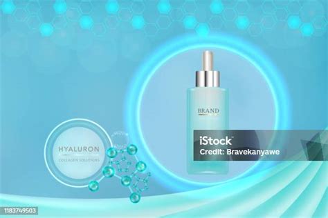 뷰티 제품 광고 디자인 콜라겐 용액 광고 배경이있는 파란색 화장품 용기 고급 스킨 케어 배너 일러스트 벡터 노화 방지에 대한 스톡 벡터 아트 및 기타 이미지 Istock