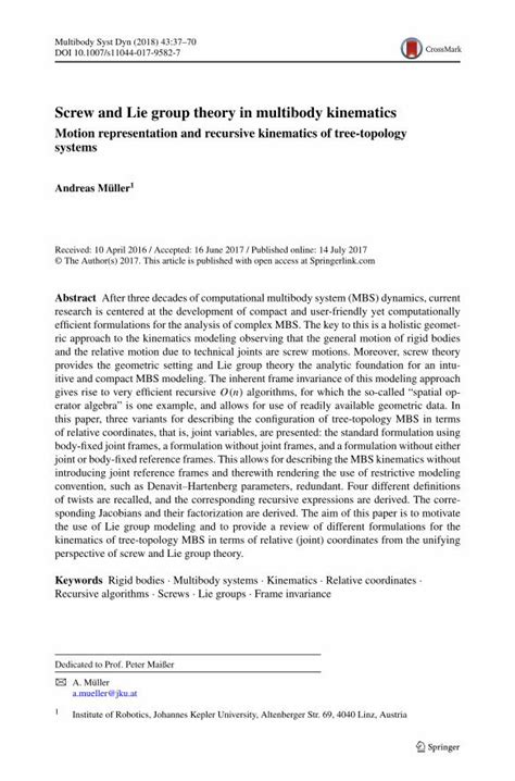 Pdf Screw And Lie Group Theory In Multibody Kinematics · Screw Theory