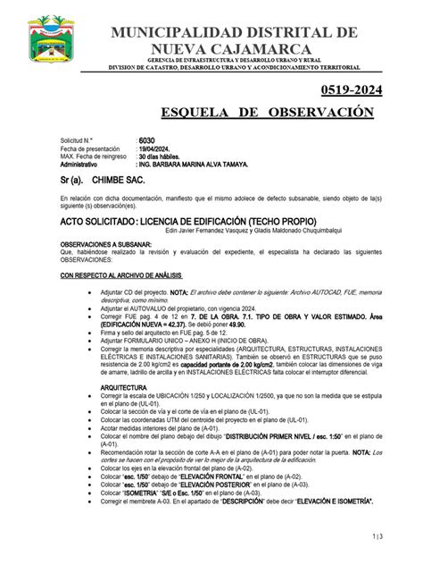 Esquela De Observación 002 Edin Javier Fernandez Vasquez Y Gladis Maldonado Chuquimbalqui