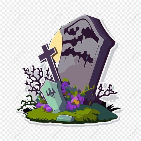 Scary Sticker With Grave And Flower Flowers On A White Background