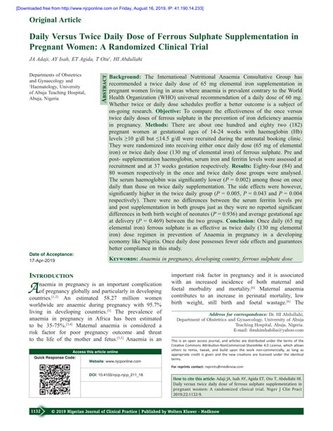 Pdf Daily Versus Twice Daily Dose Of Ferrous Sulphate Supplementation