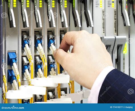 Woman Connecting Network Cables To Switches In The Room Stock Image Image Of Connectors Data