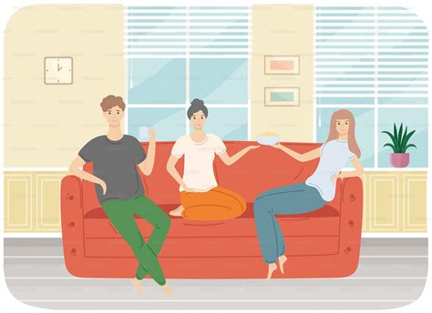 함께 휴식을 취하는 친구들 남자와 여자는 거실에서 시간을 보낸다 인테리어 디자인 거실 사람들은 집에서 쉬고 있습니다