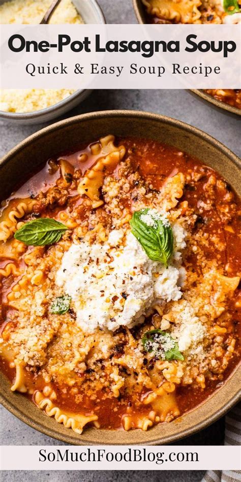 One Pot Lasagna Soup In A Skillet With Cheese And Basil On Top