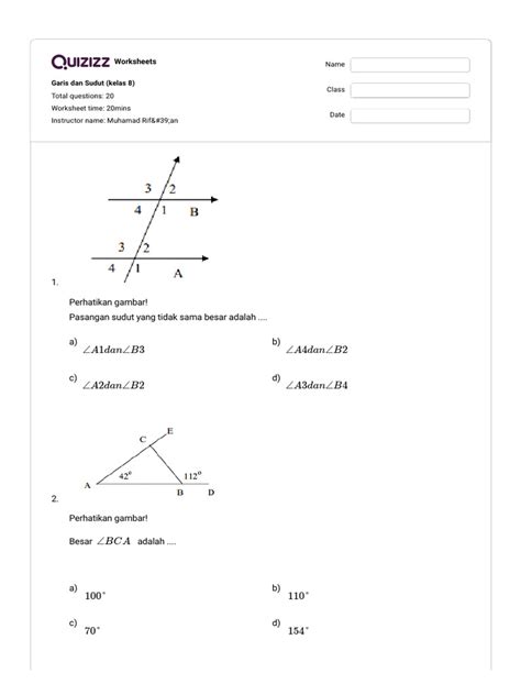 Garis Dan Sudut Kelas 8 Quizizz Pdf