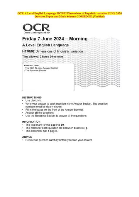 OCR A Level English Language H Dimensions Of Linguistic Variation JUNE Question Paper