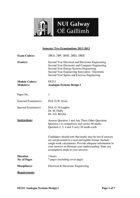 Cut Off Frequency Analogue Systems Design I Past Exam Paper Docsity