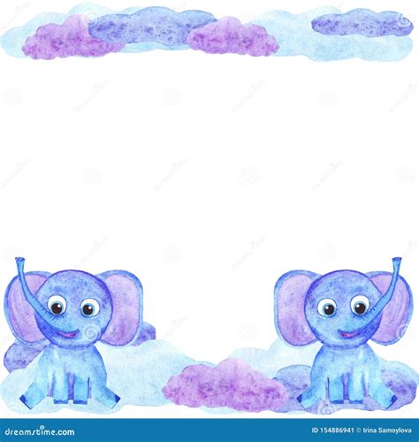 Watercolor Cute Elephant And Clouds Frame Card Invitation 库存例证 插画 包括有
