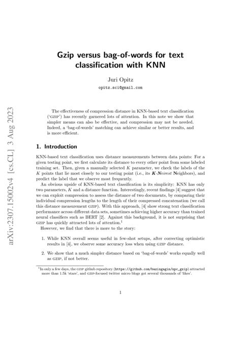 Gzip Versus Bag Of Words For Text Classification With Knn Deepai