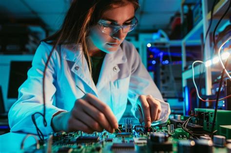 Laboratory Photo Of Female Electronic Engineer Testing A Computer
