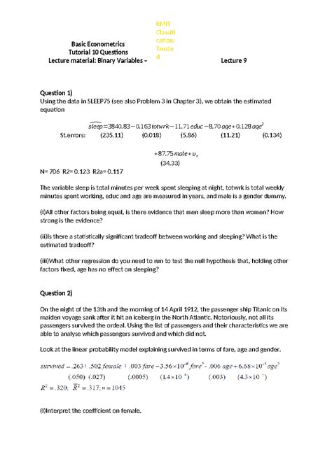 Basic Econometrics Tutorial 10 Questions Rmit Classifi Cation Truste
