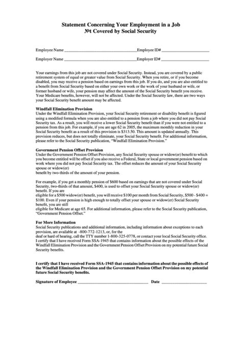 Form Ssa 1945 Statement Concerning Your Employment In A Job Printable