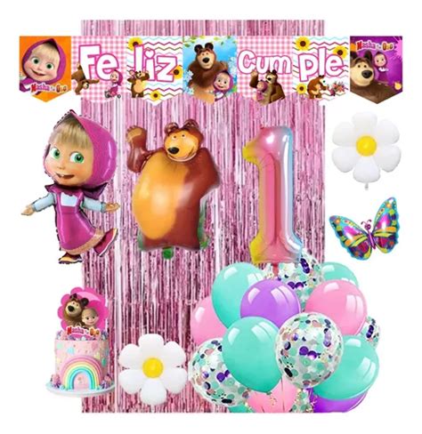 Pack De Globos Masha Y El Oso Numero Banderin Topper Cortina En Venta