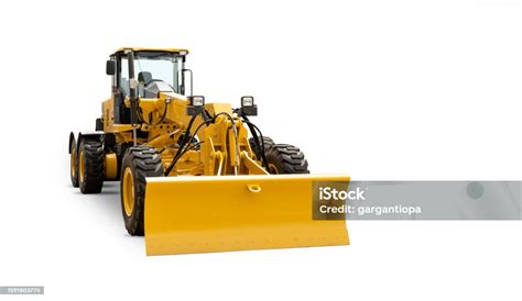 Road Grader Tiga Gandar Modern Berwarna Kuning Terisolasi Dengan Latar