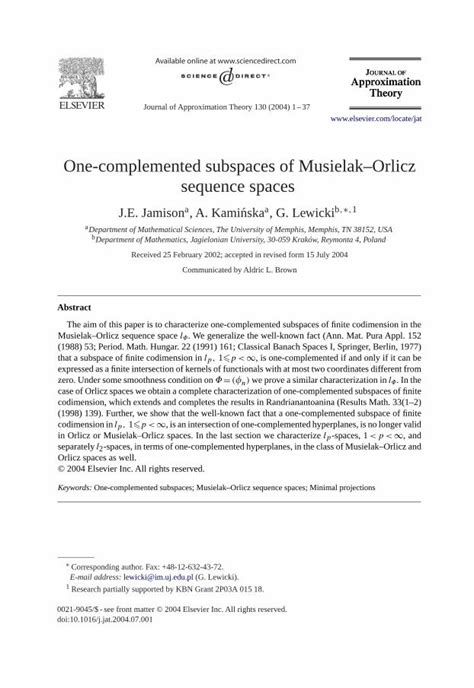 Pdf One Complemented Subspaces Of Musielakorlicz Sequence Spaces