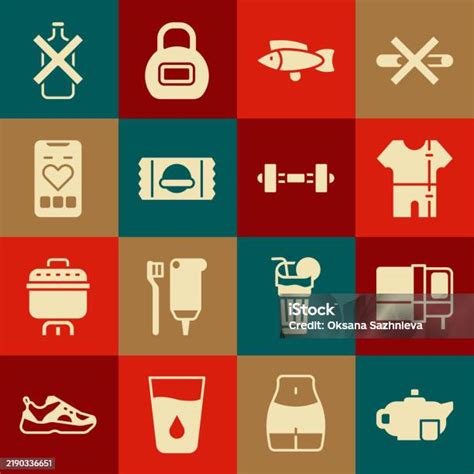 컵 침대 스포츠 트랙 슈트 물고기 스포츠 영양 모바일 심박수 알코올 없음 및 덤벨 아이콘이있는 찻 주전자 세트 벡터 가구에 대한 스톡 벡터 아트 및 기타 이미지 Istock