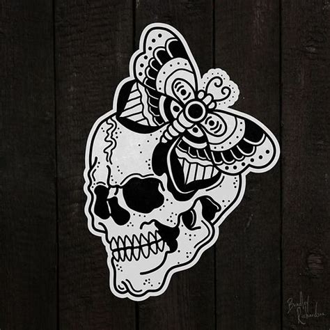 Traditional Skull Moth And Butterfly Tattoo Design